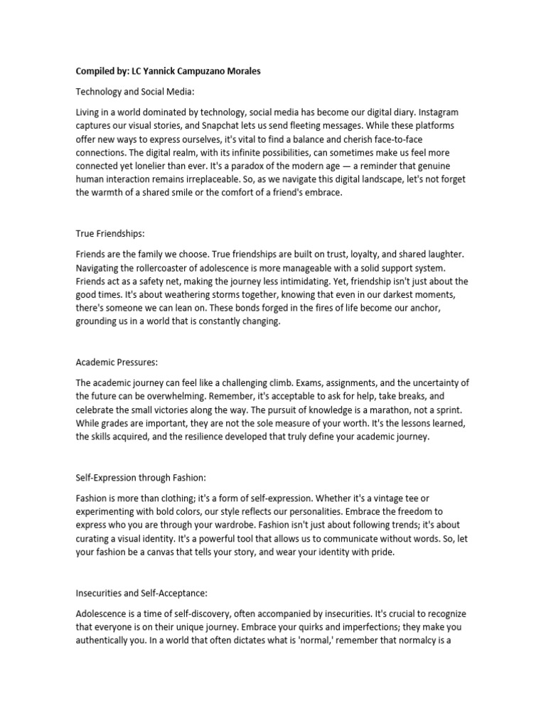 Short Paragraphs - LC Yannick Campuzano Morales | PDF | Adolescence ...