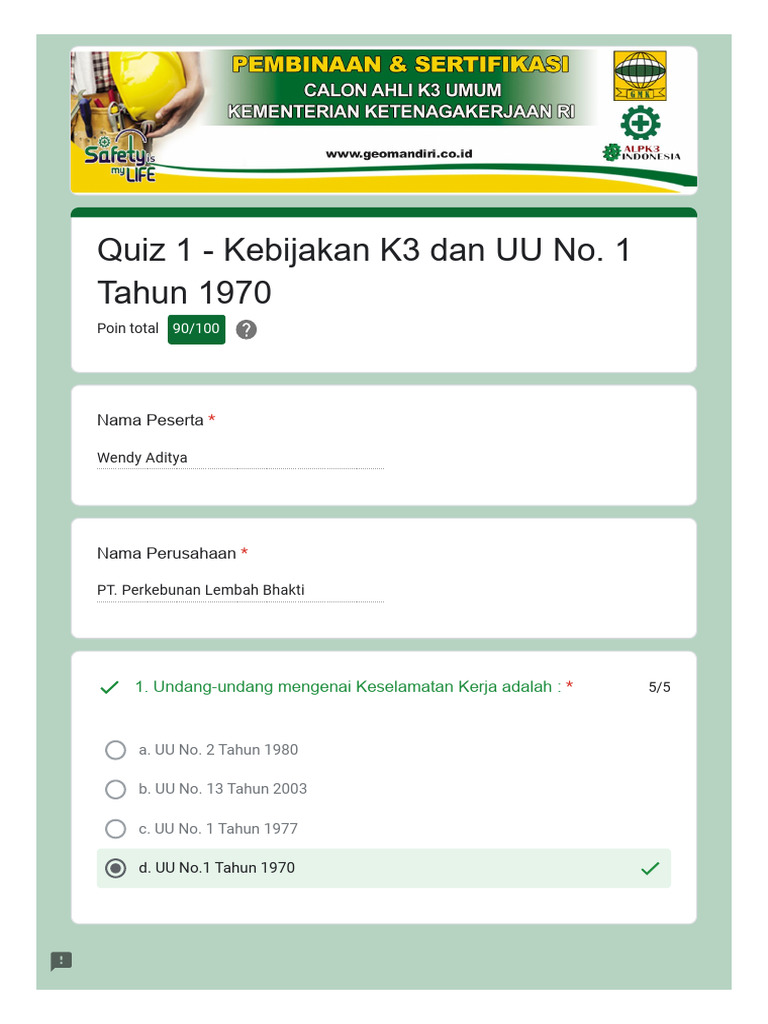 Quiz 1 - Kebijakan K3 Dan UU No. 1 Tahun 1970 | PDF