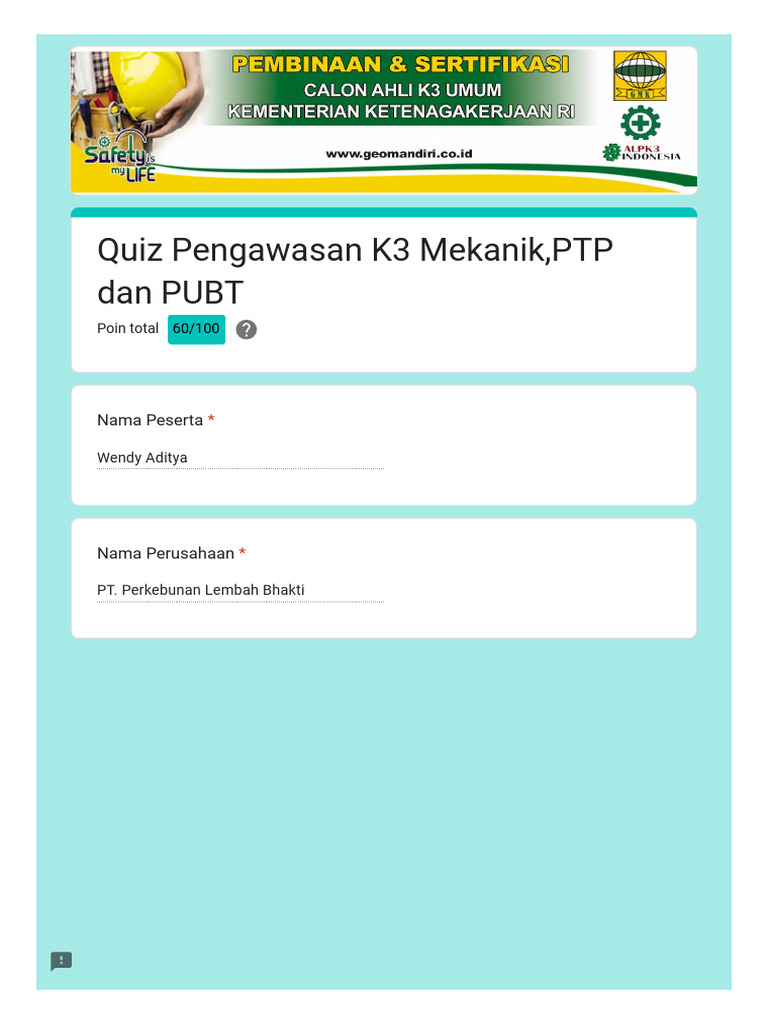 Quiz 3 - Pengawasan K3 Mekanik,PTP dan PUBT | PDF