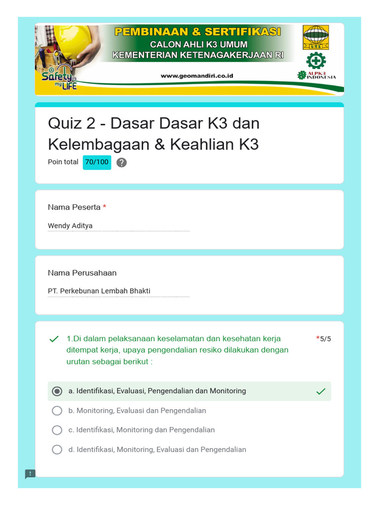 Quiz 2 - Dasar Dasar K3 Dan Kelembagaan & Keahlian K3 | PDF