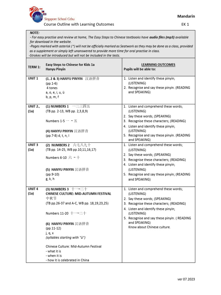 Ek1+Mandarin+Colo+Ver +07 +2023 | PDF | Pinyin | Standard Chinese