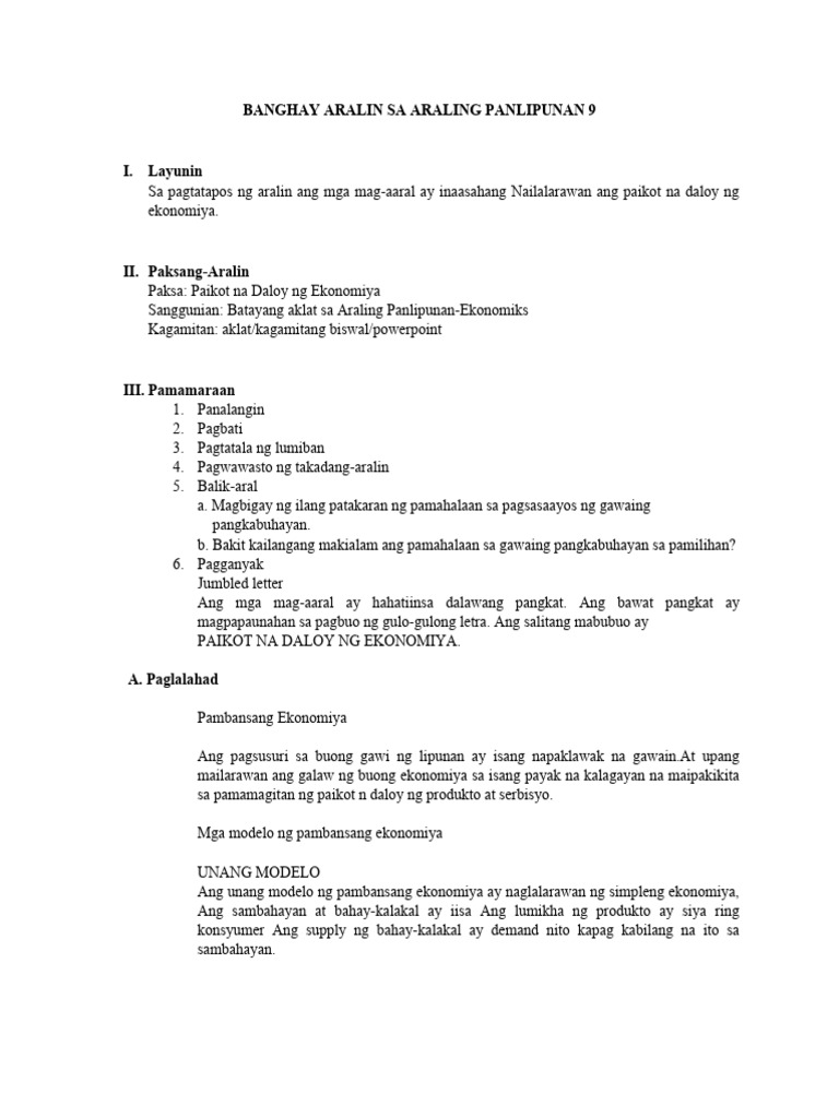Banghay Aralin Sa Araling Panlipunan 9 | PDF