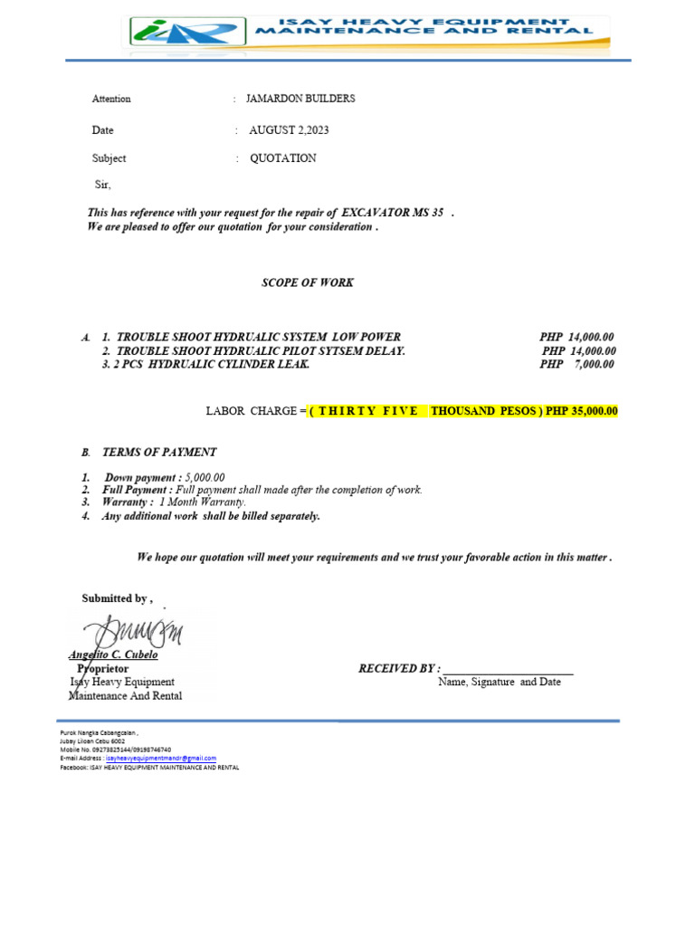 QUOTATION Backhoe | PDF