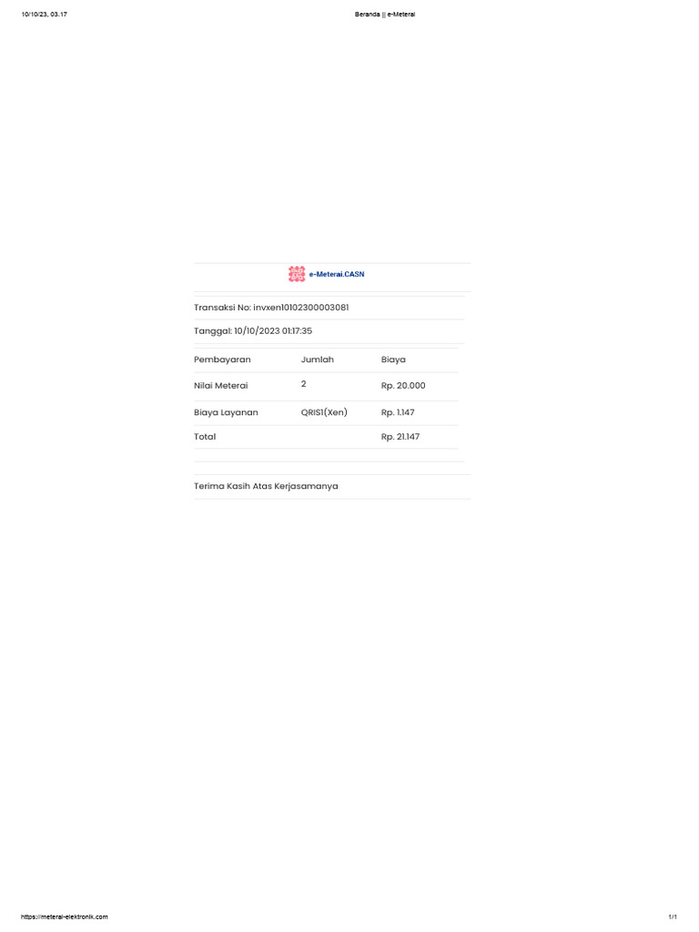 Transaksi e-Meterai Ferdinas 10/10/23 | PDF