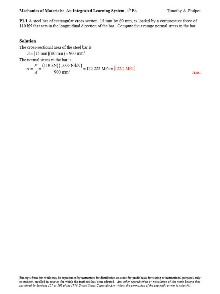 Solutions ch01 4e All Probs | Download Free PDF | Stress (Mechanics) | Strength Of Materials