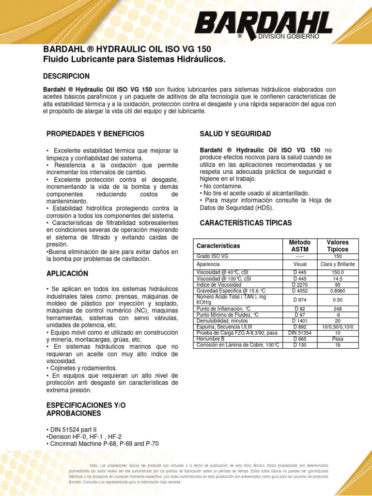 FT-Bardahl Hydraulic Oil ISO VG 150 | PDF | Lubricante | Ciencias fisicas