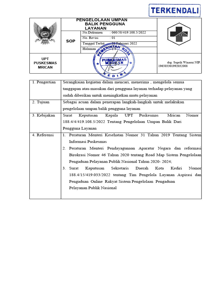 Sop No 58 Tahun 2022 Pengelolaan Umpan Balik Pengguna Layanan | PDF
