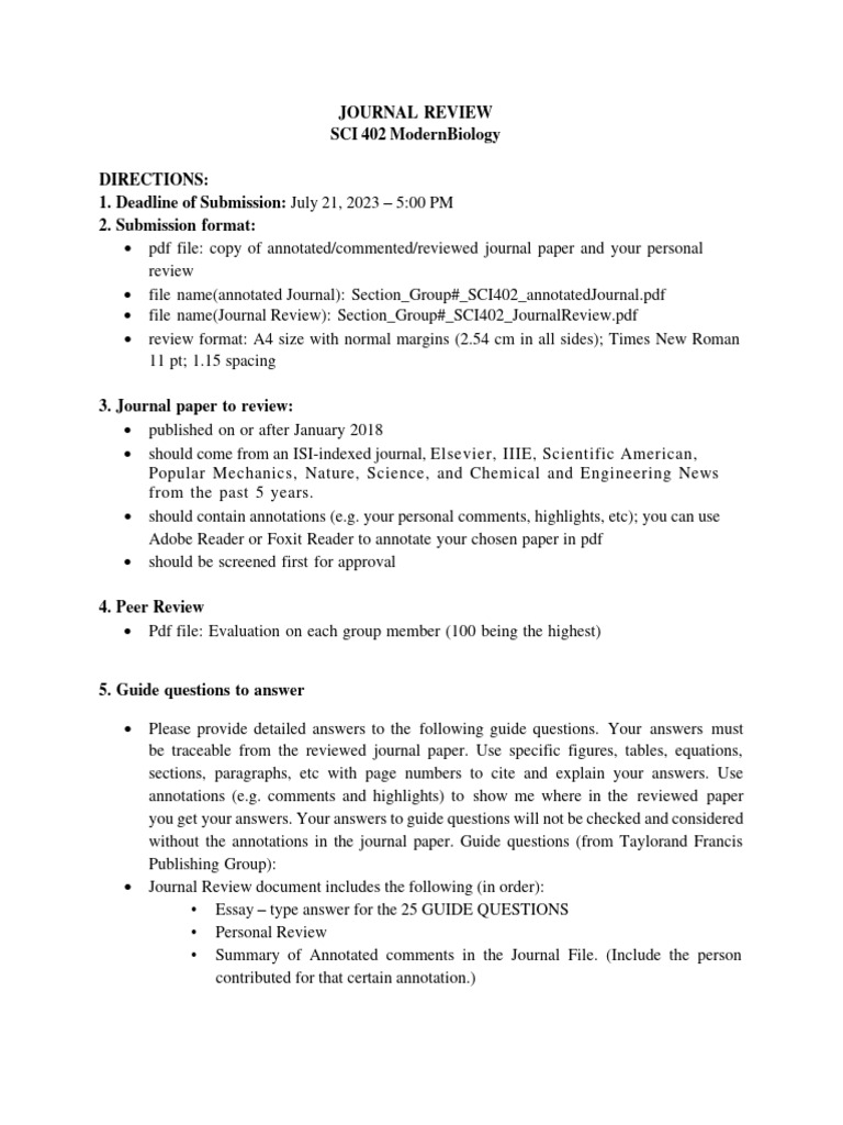 Journal Review Guidelines for SCI 402 | PDF | Data | Annotation