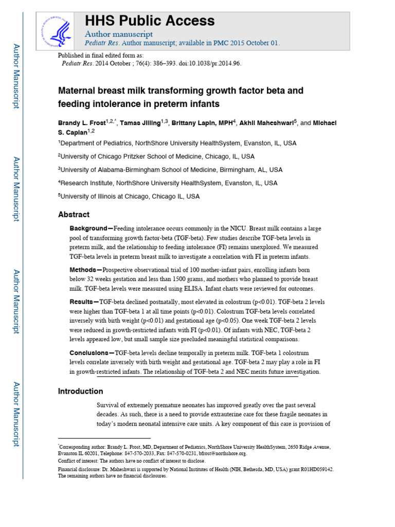 TGF Beta Human Milk Preterm 2014 | PDF | Preterm Birth | Breast Milk