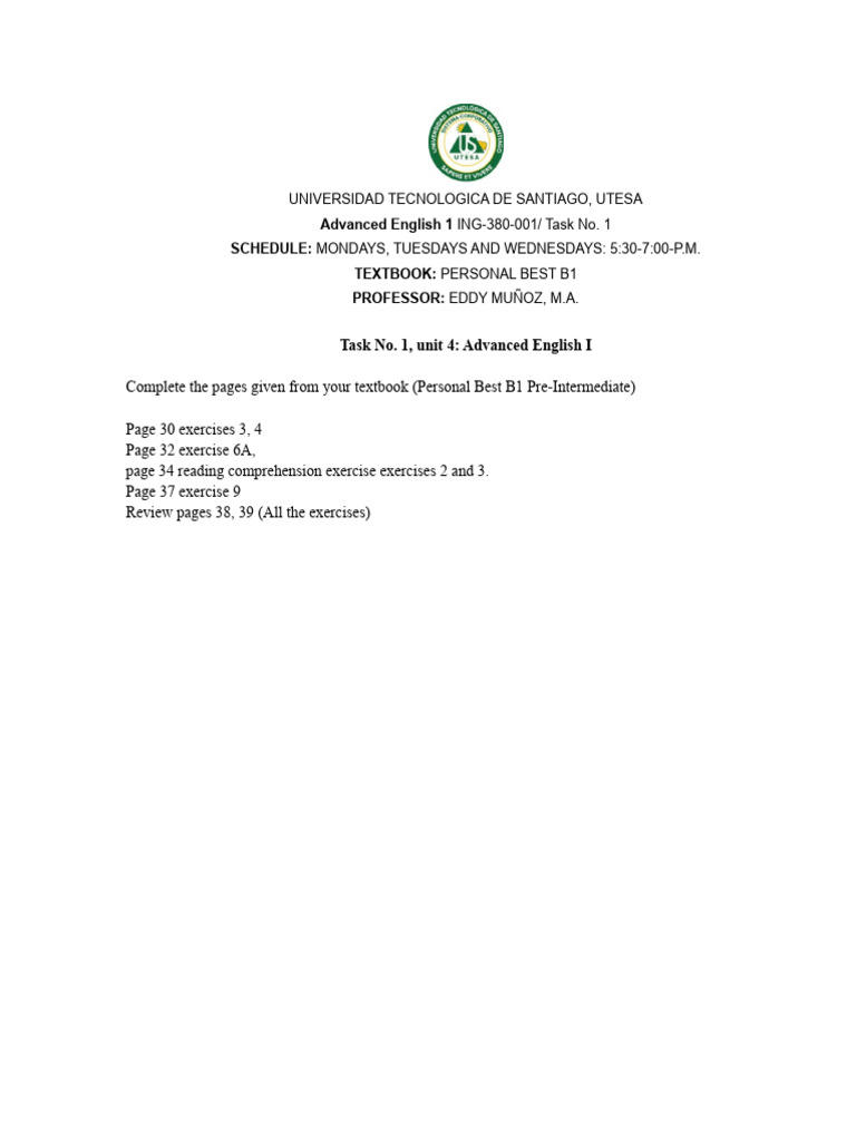 Task 1, Unit 4 (Personal Best) - Advanced English 1 | PDF