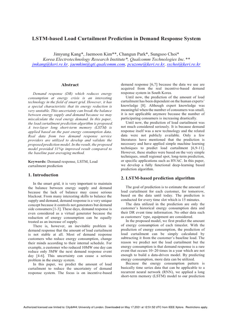 LSTM-based Load Curtailment Prediction in Demand Response System | PDF | Forecasting | Prediction