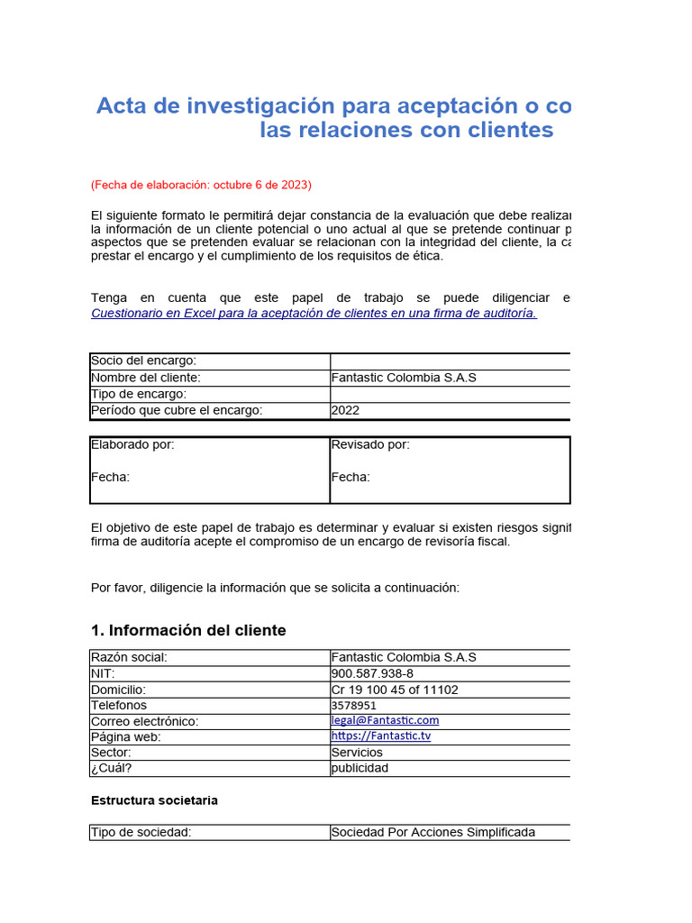 Acta Evaluacion Cliente Auditoria Enviar | PDF | Auditoría | Business