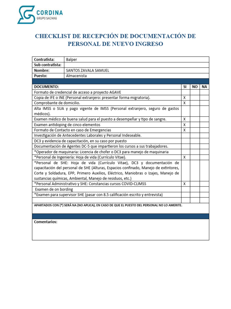 ANEXO SHE 1.2 Checklist de Recepción de Documentación de Personal de ...