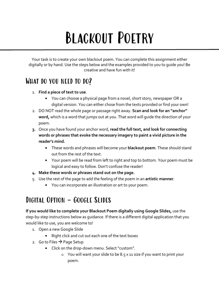 Blackout Poetry Assignment Guide | PDF | Poetry | Written Communication