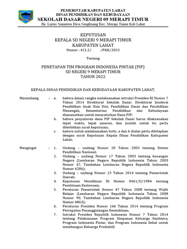 SK Tim Pip Satuan Pendidikan | PDF