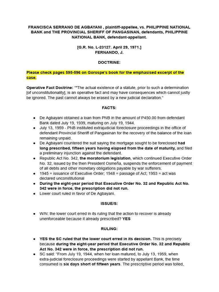 De Agbayani v. PNB Case Digest | PDF | Foreclosure | Public Law