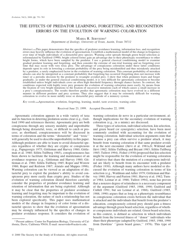 The Effects of Predator Learning, Forgetting, and Recognition Errors On The Evolution of Warning ...