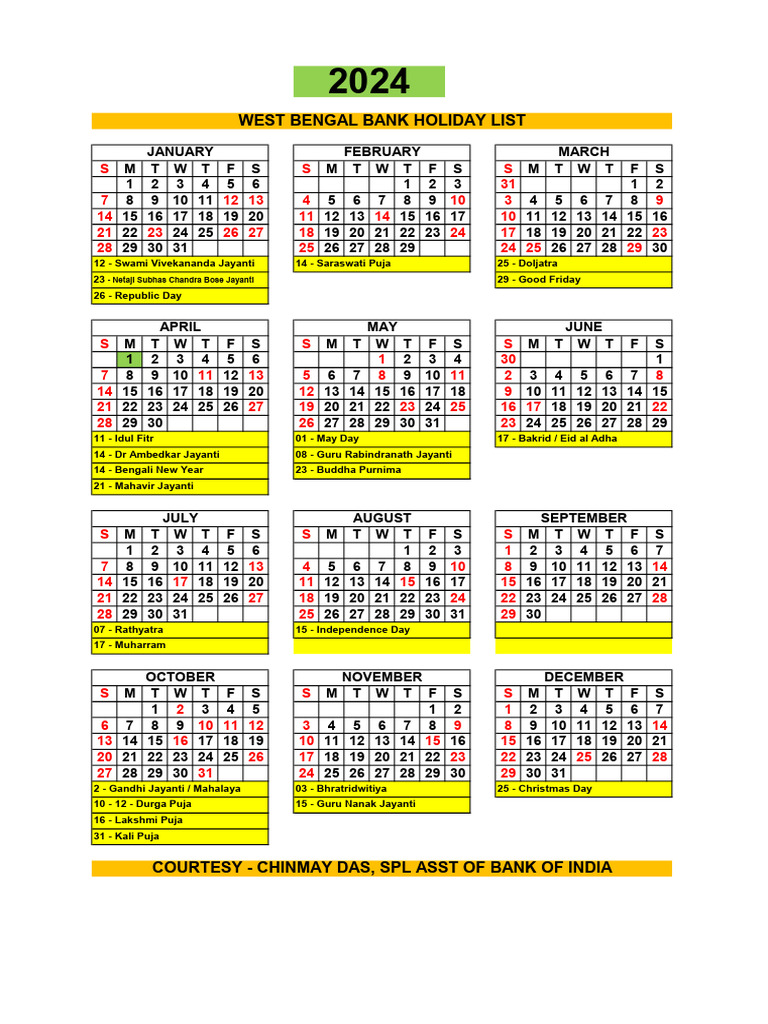 WB Bank Calendar 2024 Holiday List | PDF | Bengal | South Asia