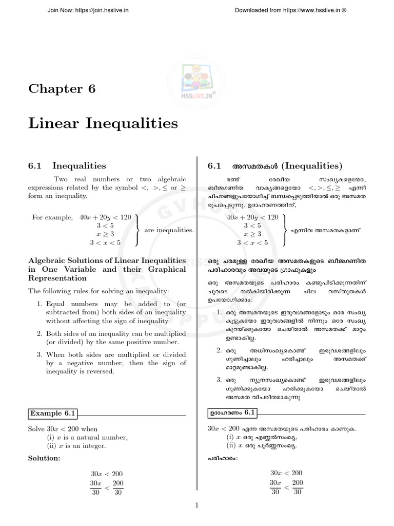 Hsslive XI Maths CH 6 Linear Eng Mal Notes | PDF | Inequality ...