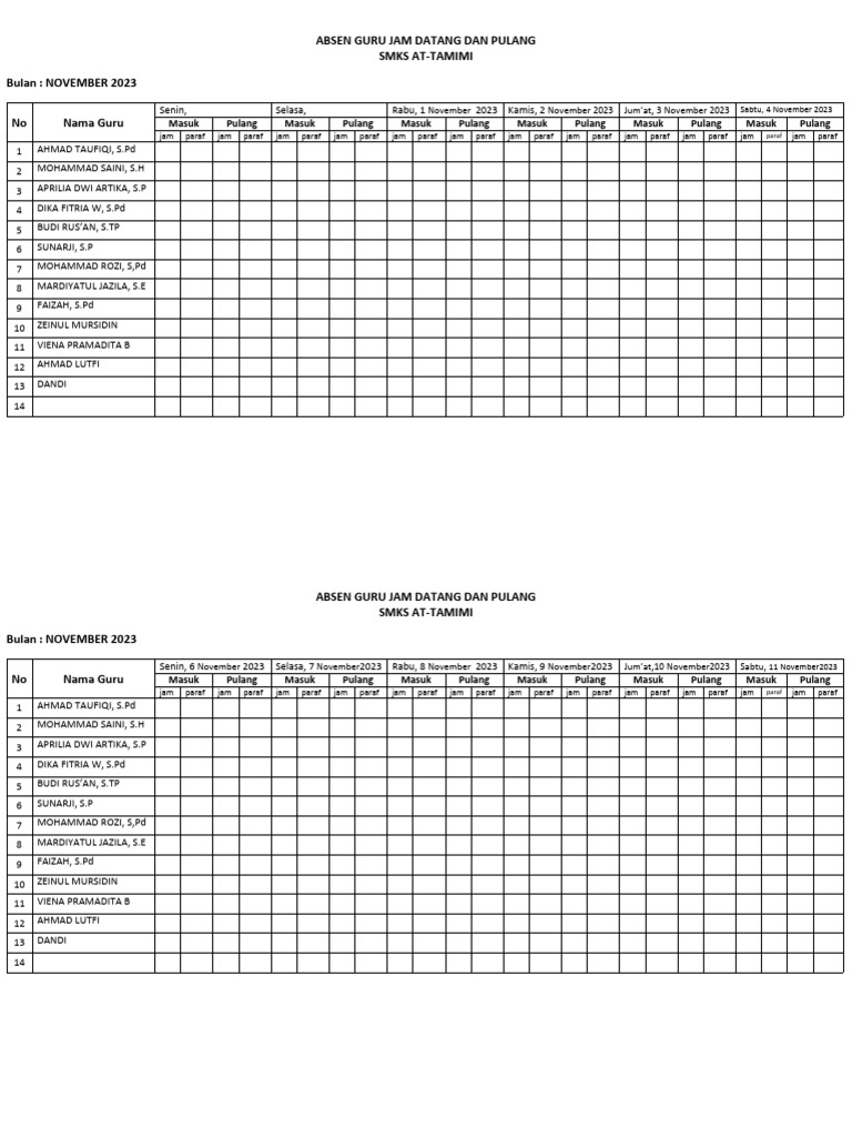 Format Absen Guru Bulanan November | PDF