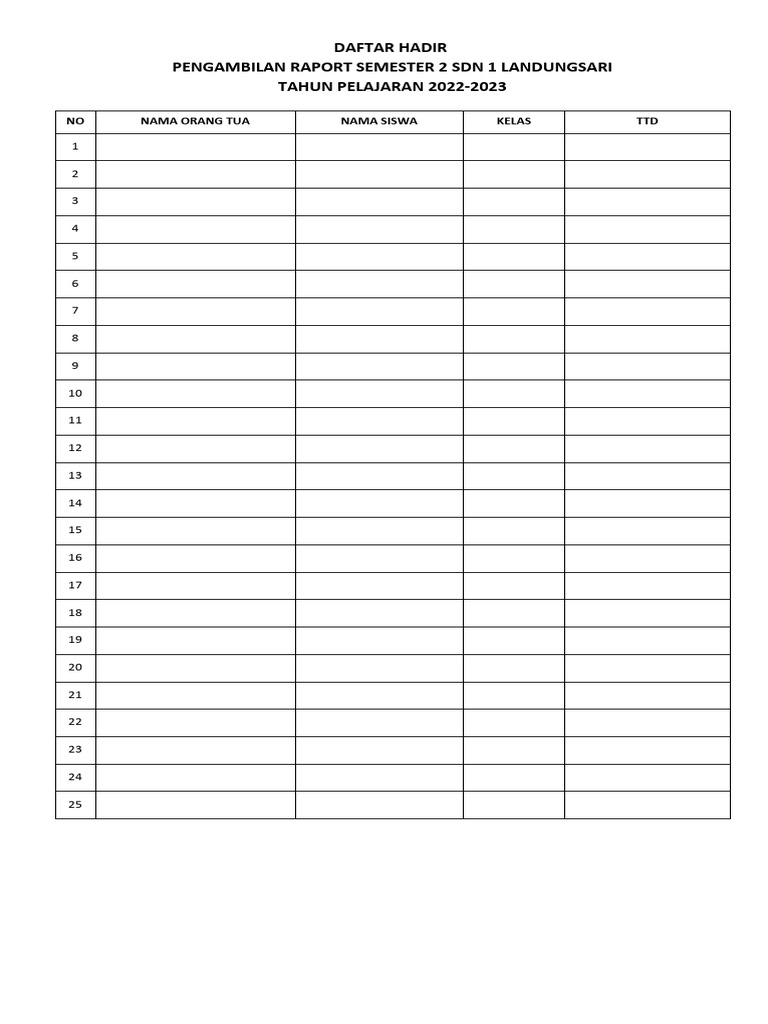 Daftar Hadir Pengambilan Raport Semester 2 THN 2022-2023 | PDF