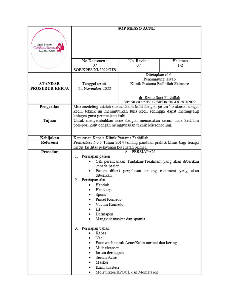 SOP Messo Acne | PDF | Kesehatan Holistik | Sains & Matematika