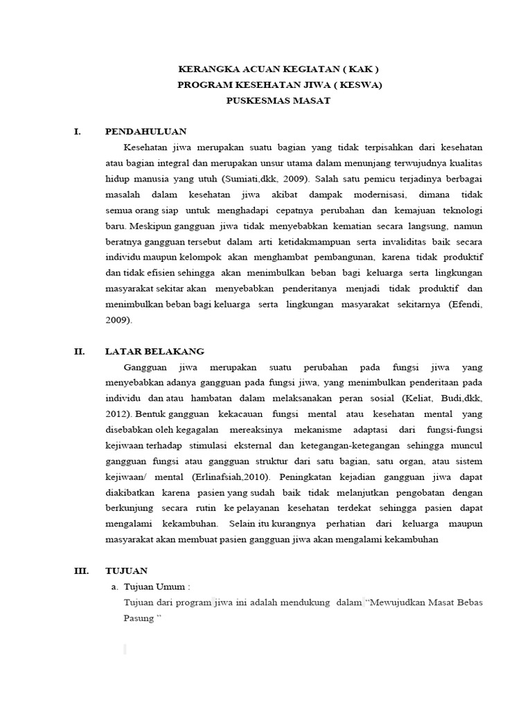 Kerangka Acuan Kegiatan Keswa | PDF