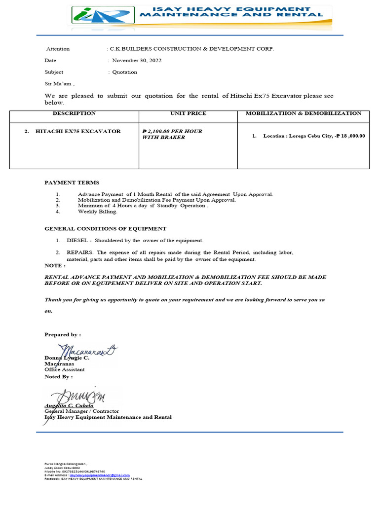 Hitachi Ex75 Excavator Rental Quotation | PDF