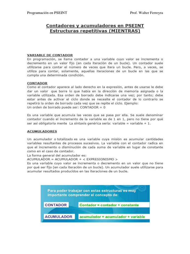 Contadores y Acumuladores - Comando Mientras - Pseint | PDF | Ingeniería Informática ...