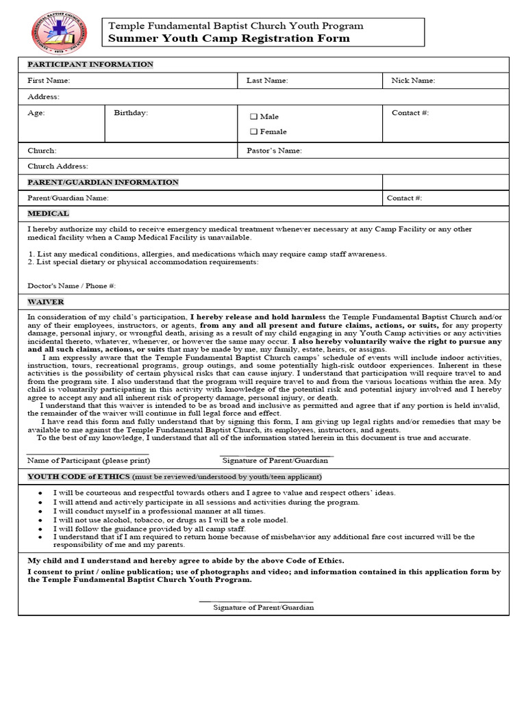 Summer Youth Camp Registration Form | PDF