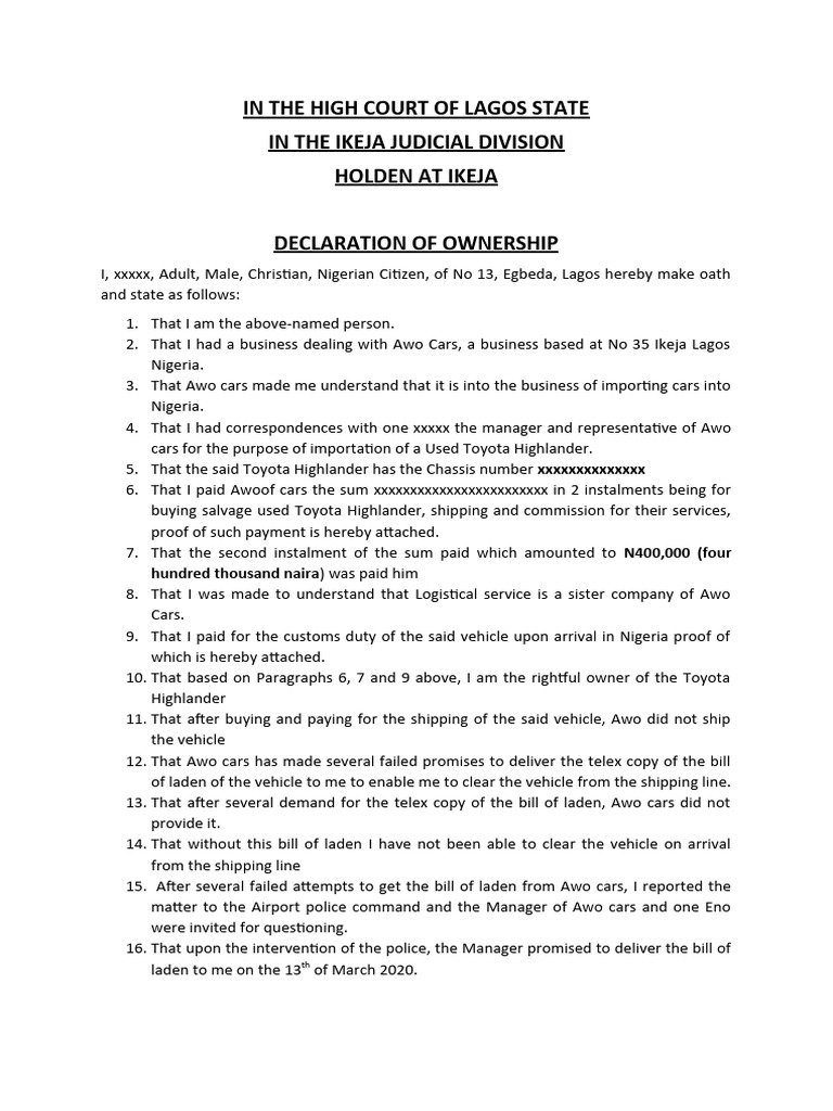 AFFIDAVIT - Declaration of Ownership | Download Free PDF | Justice ...