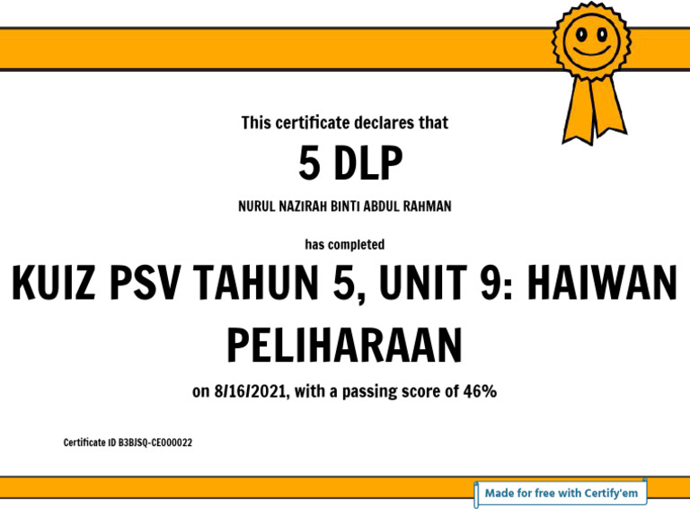 Certificate For 5 DLP For "Kuiz PSV Tahun 5, Unit 9: H... " | PDF