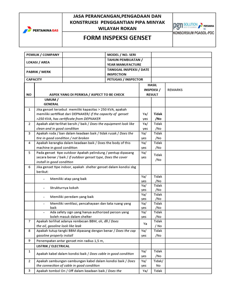 Form Inspeksi Genset | PDF