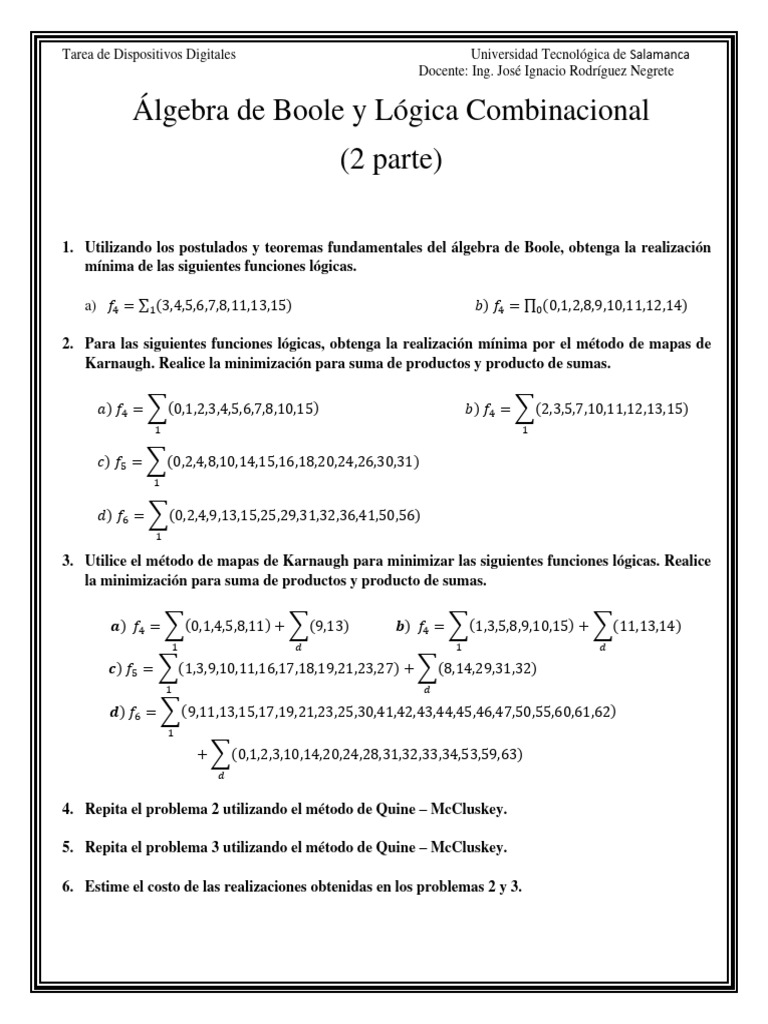 Álgebra de Boole y Lógica Combinacional (2 Parte) | PDF