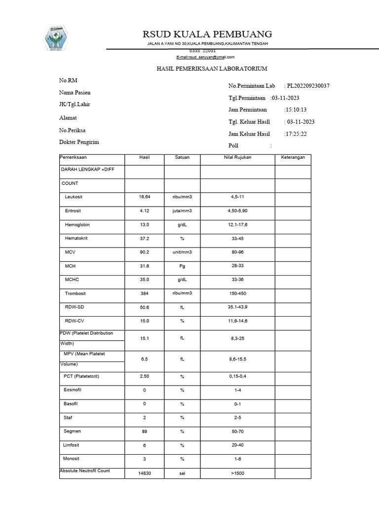 Hasil Lab Darah Lengkap RSUD Kuala Pembuang | PDF
