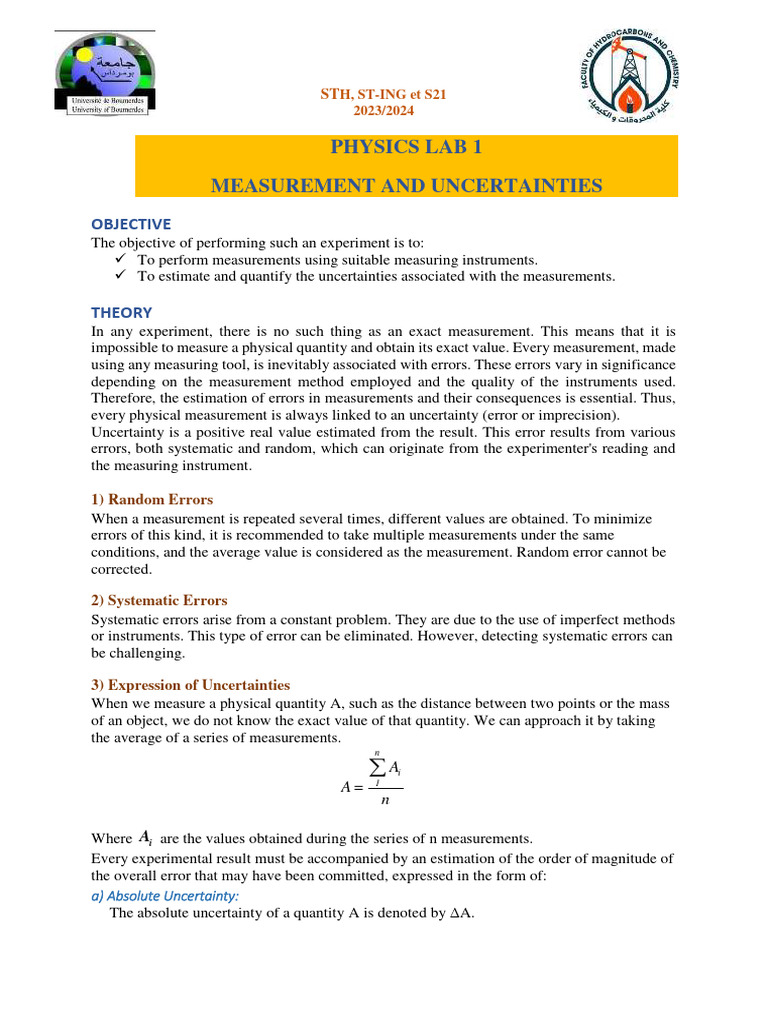 Physics Lab 1 Measurement and Uncertainties: Objective | PDF ...