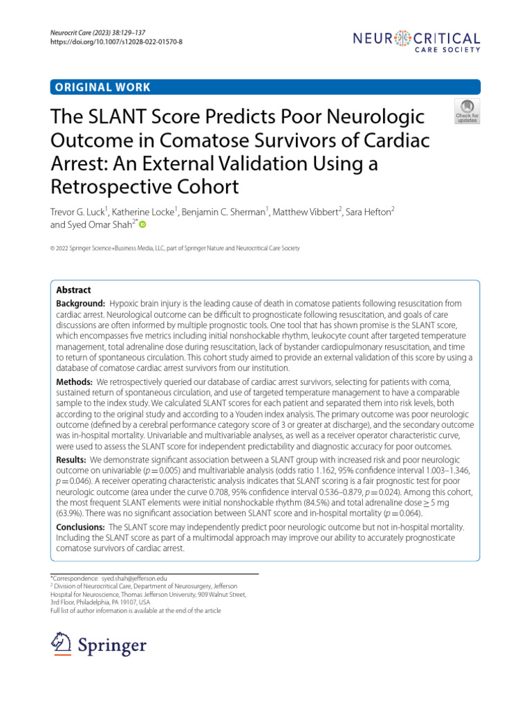 The SLANT Score Predicts Poor Neurologic Outcome in Comatose Survivors ...