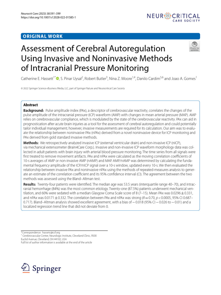 Assessment of Cerebral Autoregulation Using Invasive and Noninvasive ...
