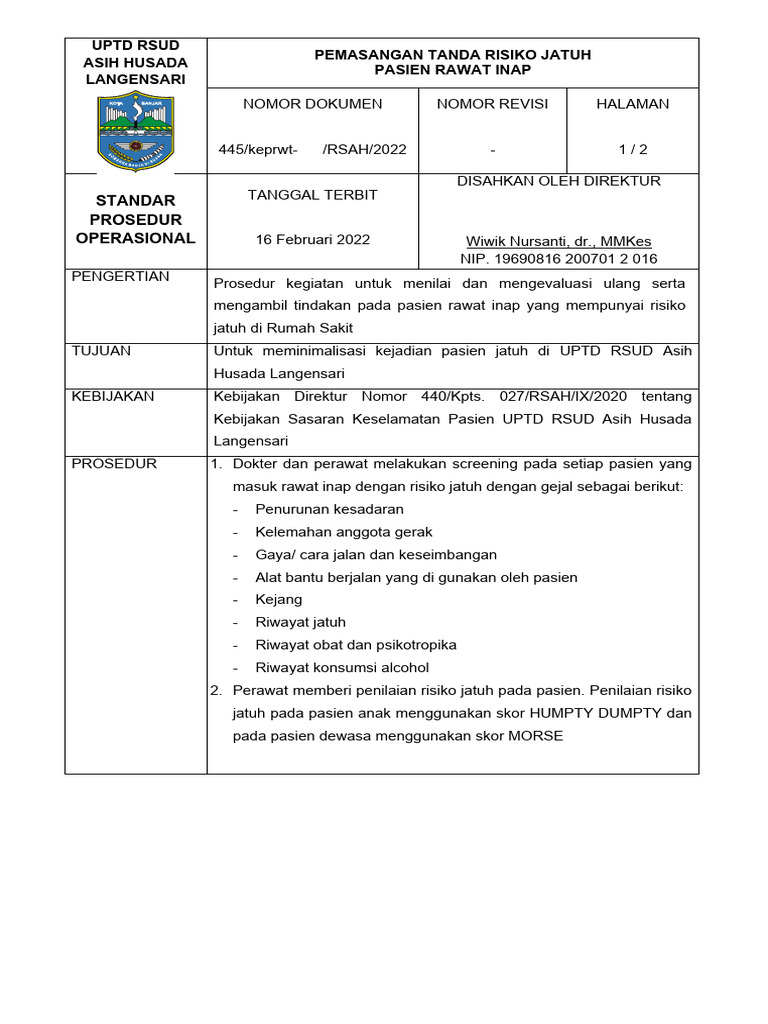 Sop - Pemasangan Tanda Risiko Jatuh Pasien Rawat Inap | PDF | Kesehatan ...