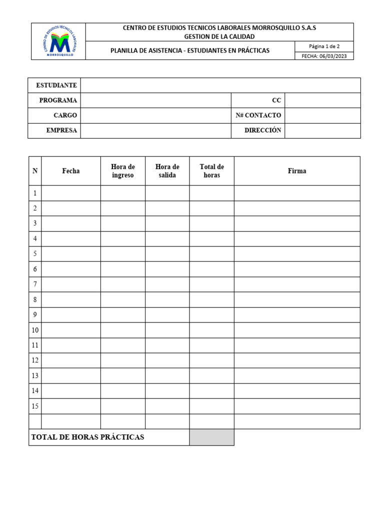 Planilla de Asistencia A Prácticas | PDF