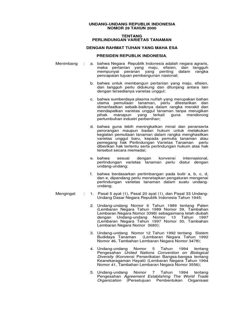 Uu 29 2000 - Perlindungan Varietas Tanaman | PDF