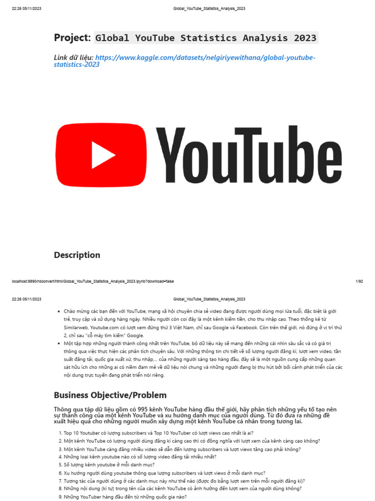 Global YouTube Statistics Analysis 2023 Project | PDF