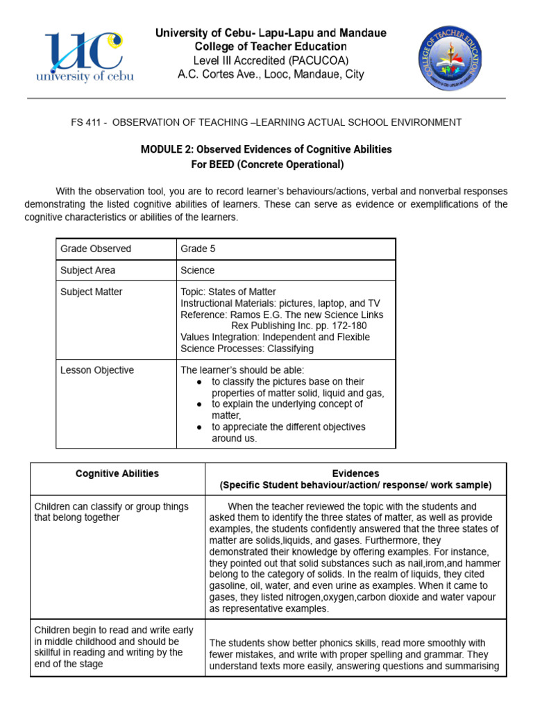 Milestone 1 - BEED Observed Evidences of Cognitive Abilities | PDF | Learning | Literacy