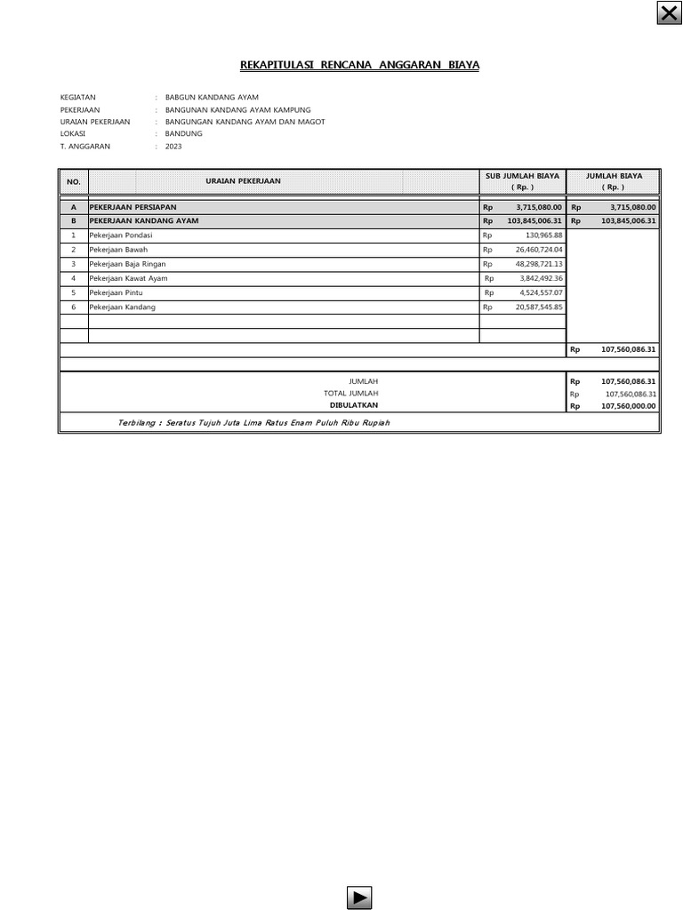 RAB Kandang Ayam - XLSX | PDF
