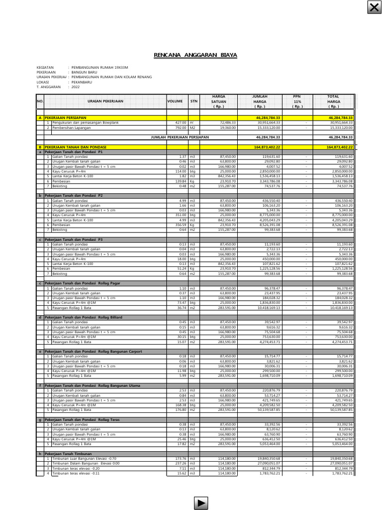 RAB Rumah 19x33 - XLSX | PDF