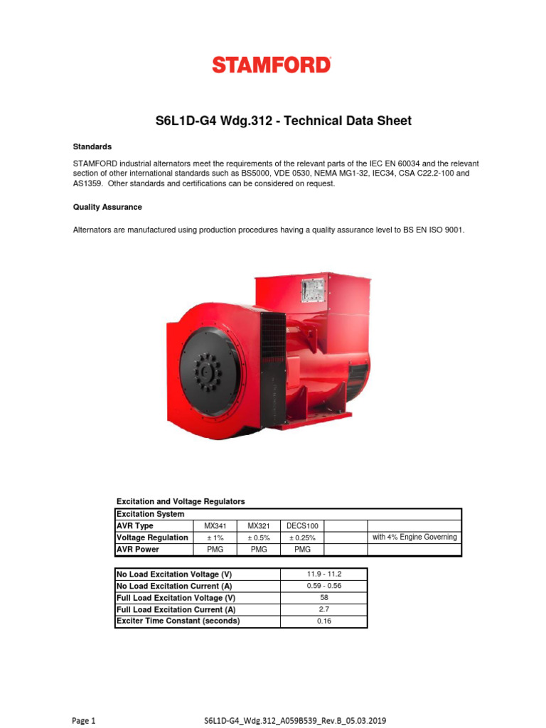 Stamford S6L1D-G4 Datasheet | PDF | Electric Generator | Electrical ...