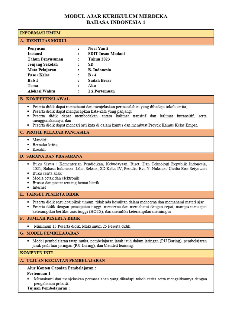 Modul Ajar Kurmer Bindo 1 | PDF