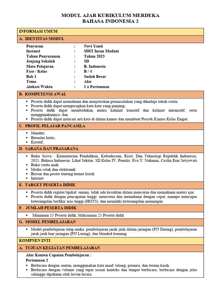 Modul Ajar Kurmer Bindo 2 | PDF | Karier & Perkembangan | Seni ...