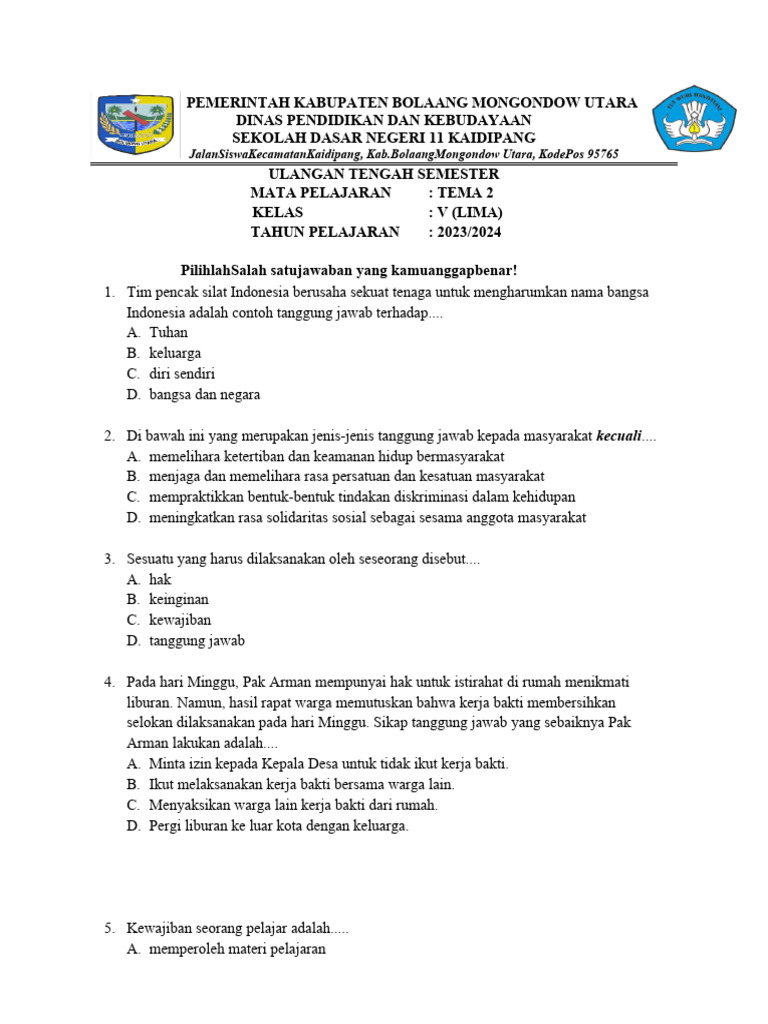 Soal Tema 2 SD Kelas 5 SD | PDF | Seni & Disiplin Bahasa | Kajian Bahasa Asing