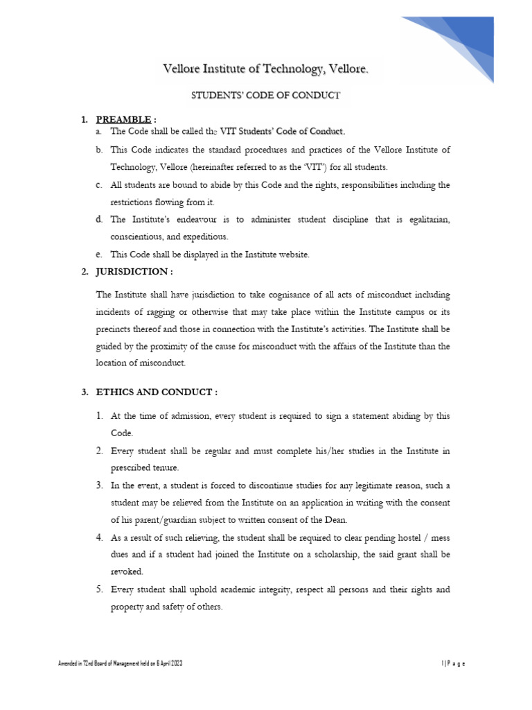 VIT Student Conduct Guidelines | PDF | Fine (Penalty) | Academic Integrity